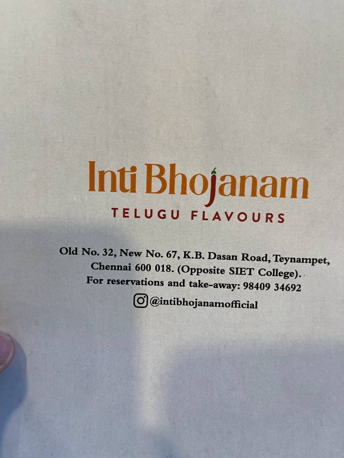 Menu at Inti Bhojanam, Chennai
