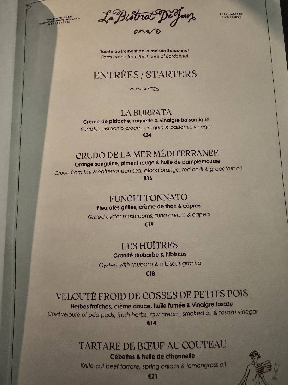 Menu at Restaurant JAN, Nice