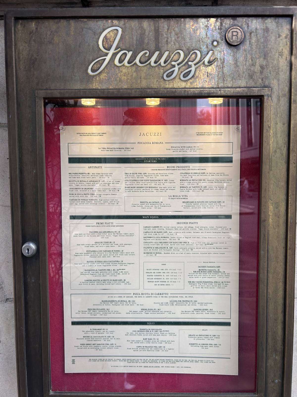 Menu at Jacuzzi restaurant, London