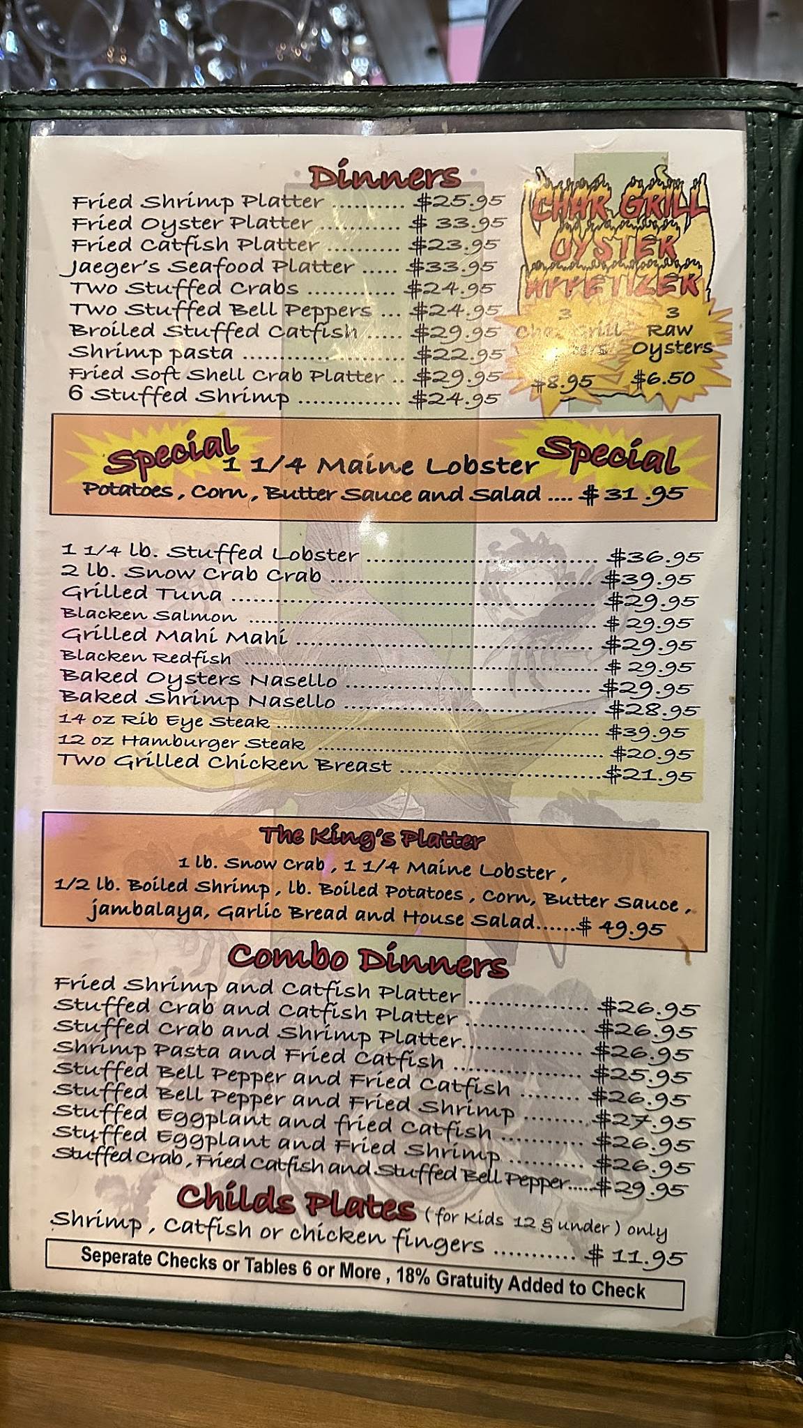 Menu at Jaeger's Seafood and Oyster House restaurant, Jefferson