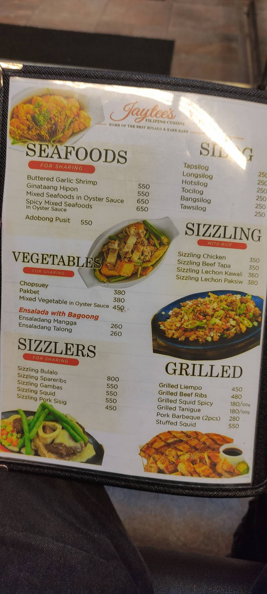 Menu at Jaytee's Classic Filipino Cuisine restaurant, Tagaytay, 4W2X+H5H