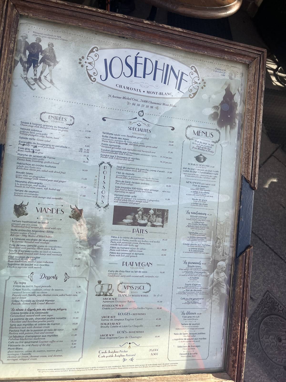 Menu at Josephine Restaurant, Chamonix