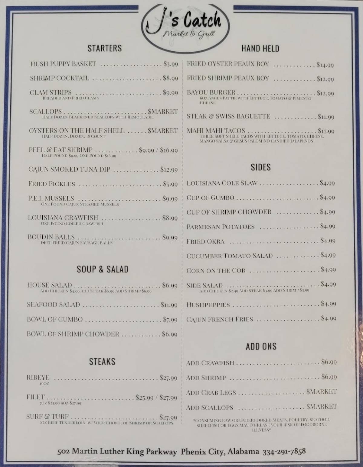 Menu at Js Catch Market & Grill restaurant, Phenix City