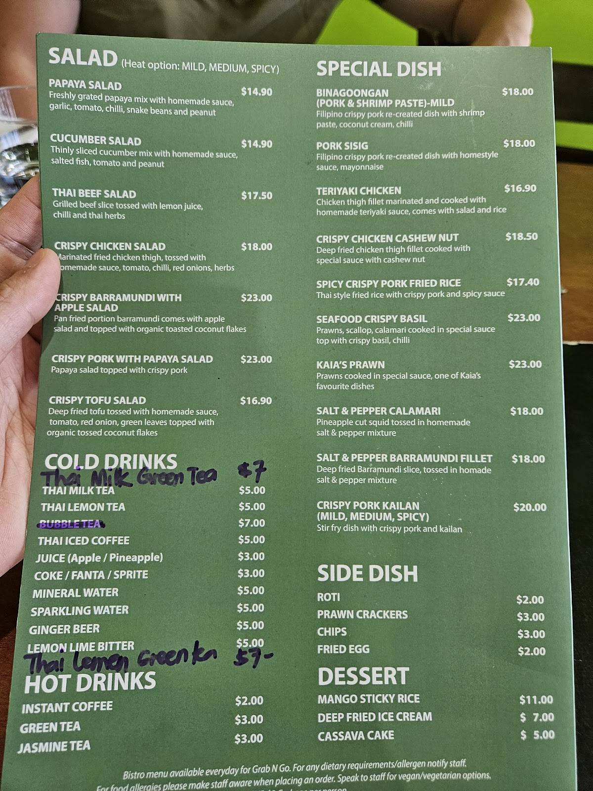 Menu at Kaia's Kitchen restaurant, Harristown