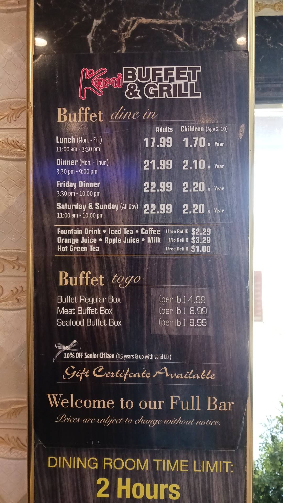 Menu at Kami Buffet & Grill restaurant, Rosemead