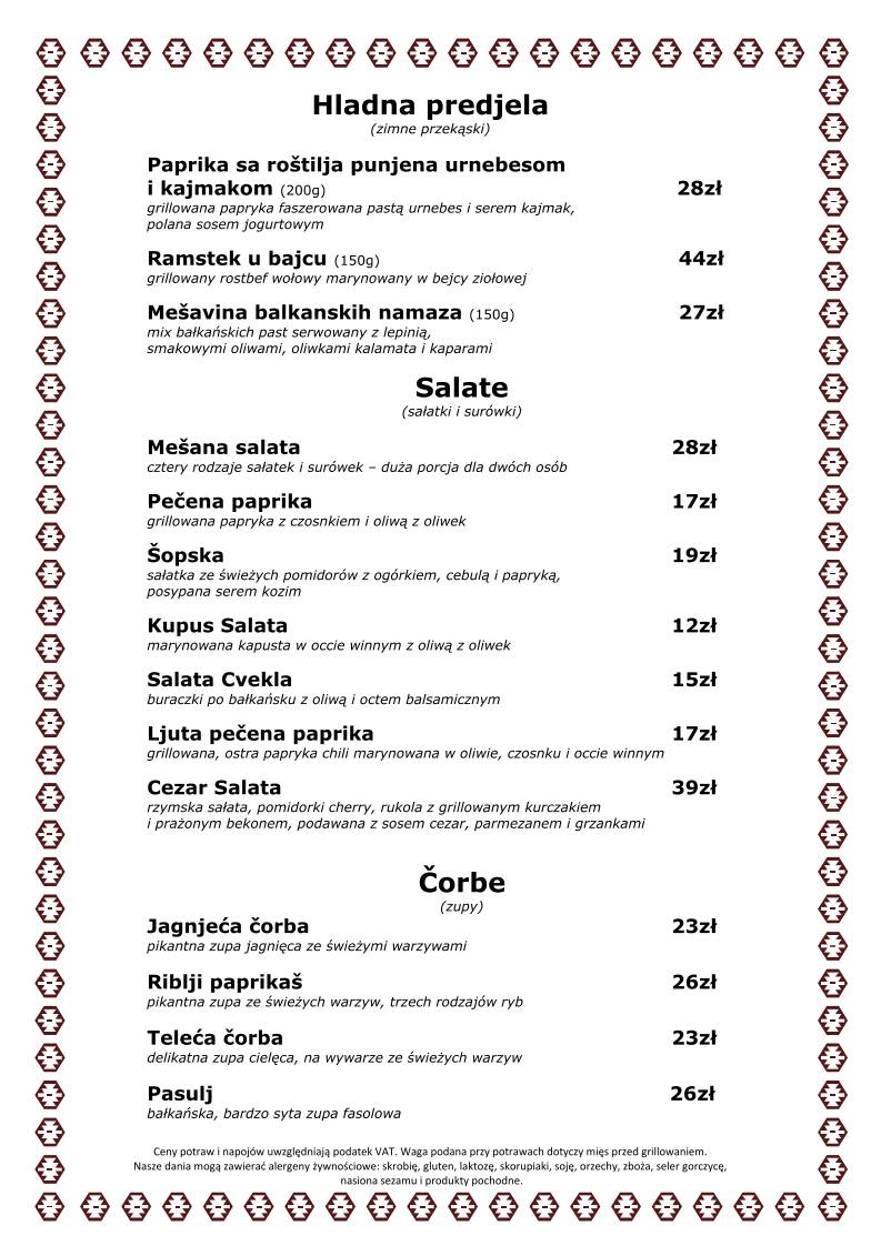 Menu at Karczma Bałkańska Dusza restaurant, Warsaw