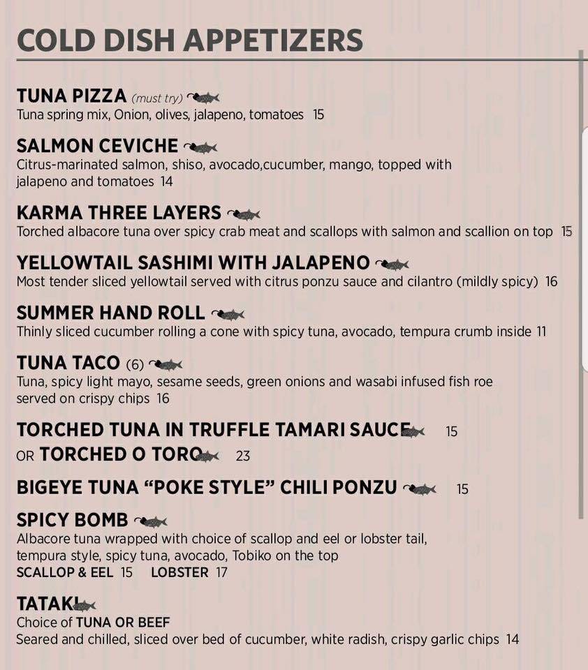 Menu at Karma restaurant, Concord