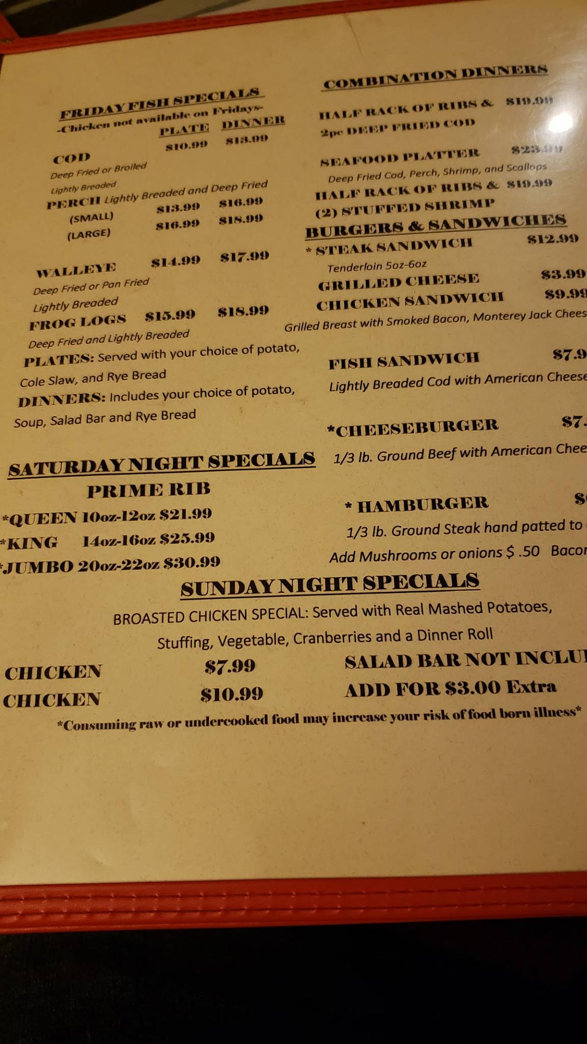 Menu at Kassidy's Studio Lounge restaurant, Shawano