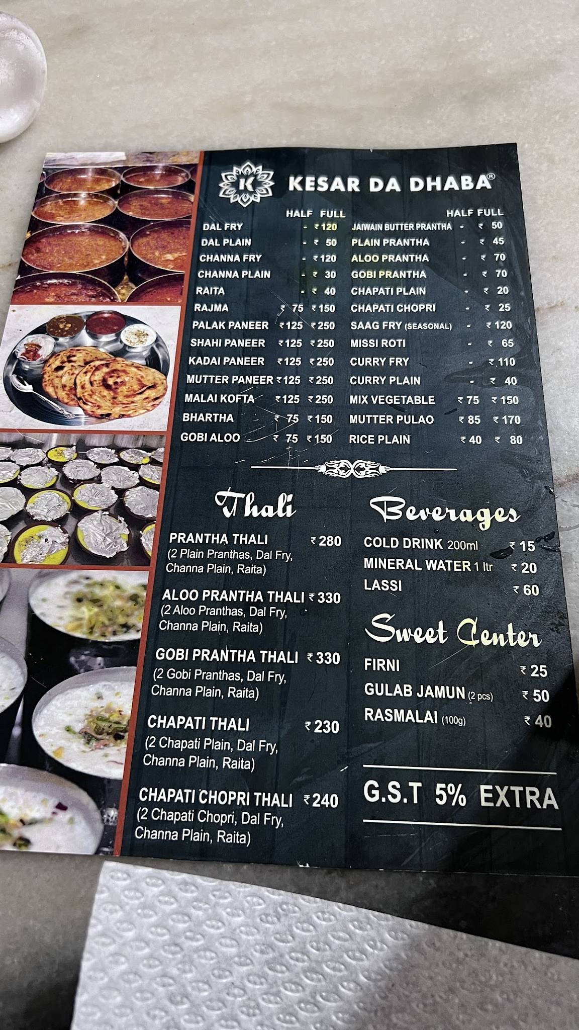 Menu at Kesar Da Dhaba, Amritsar