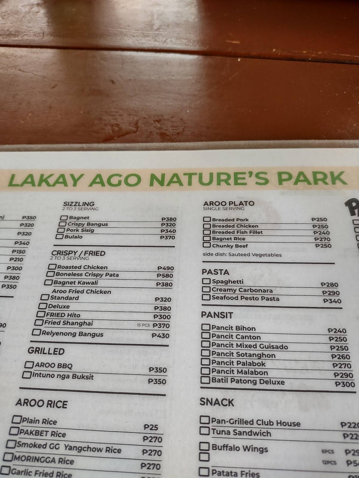 Menu at LAKAY AGO NATURE'S PARK restaurant, Agoo