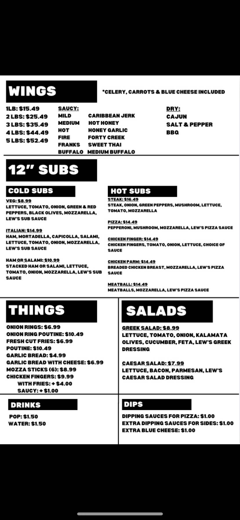 Menu at LEW’S pizza+wings+things restaurant, Thorold