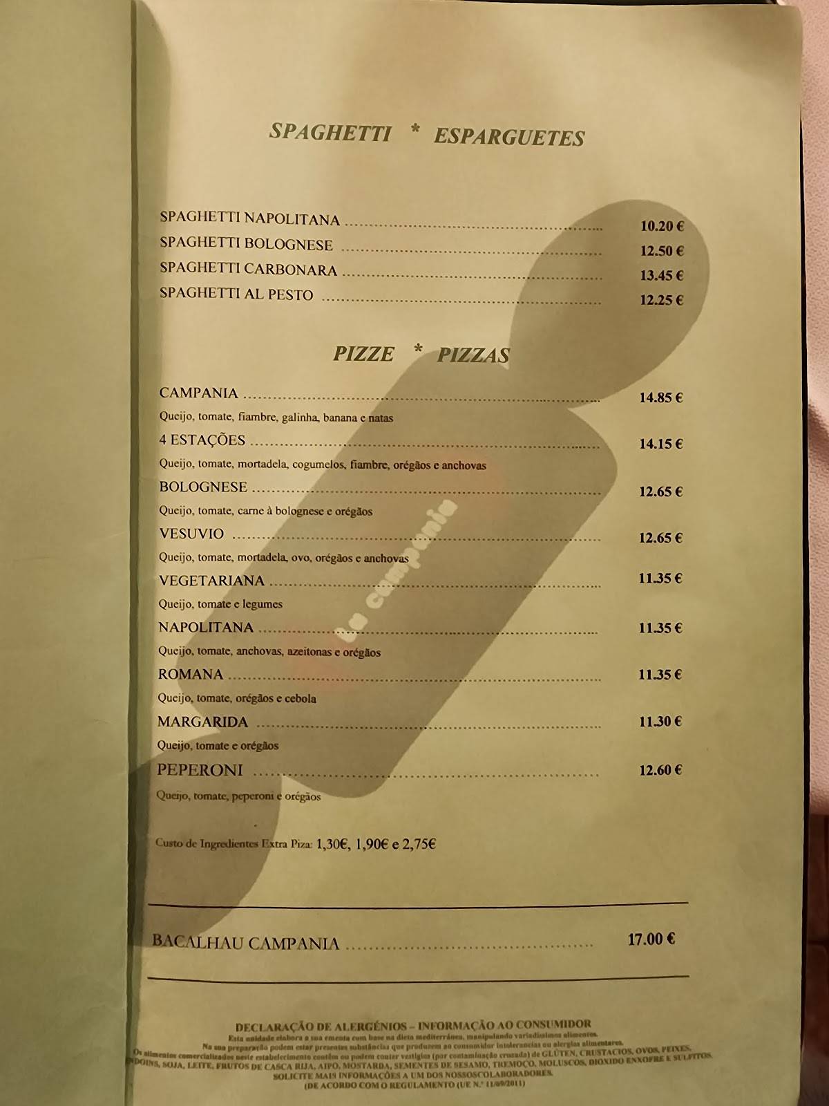 Menu at La Campania restaurant, Lisbon