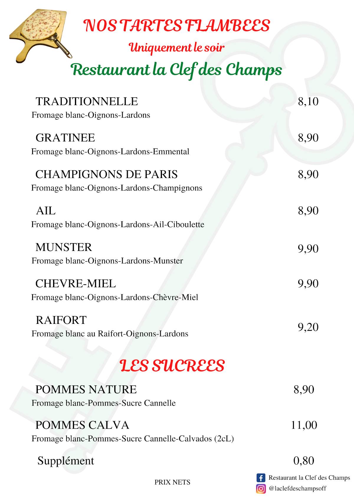 Menu au Restaurant La Clef des Champs, Morsbronn-les-Bains, 13 Route de ...