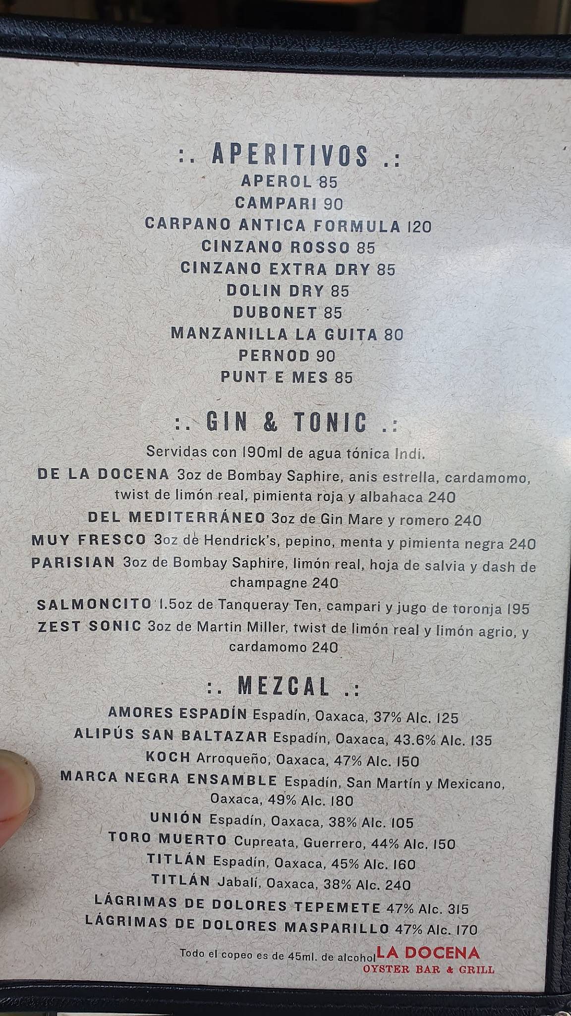 Menu at La Docena restaurant, Ciudad López Mateos, Av. Álvaro Obregón 31