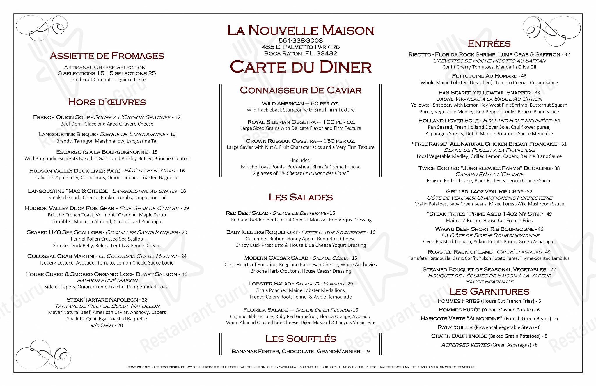 Menu at La Nouvelle Maison restaurant, Boca Raton
