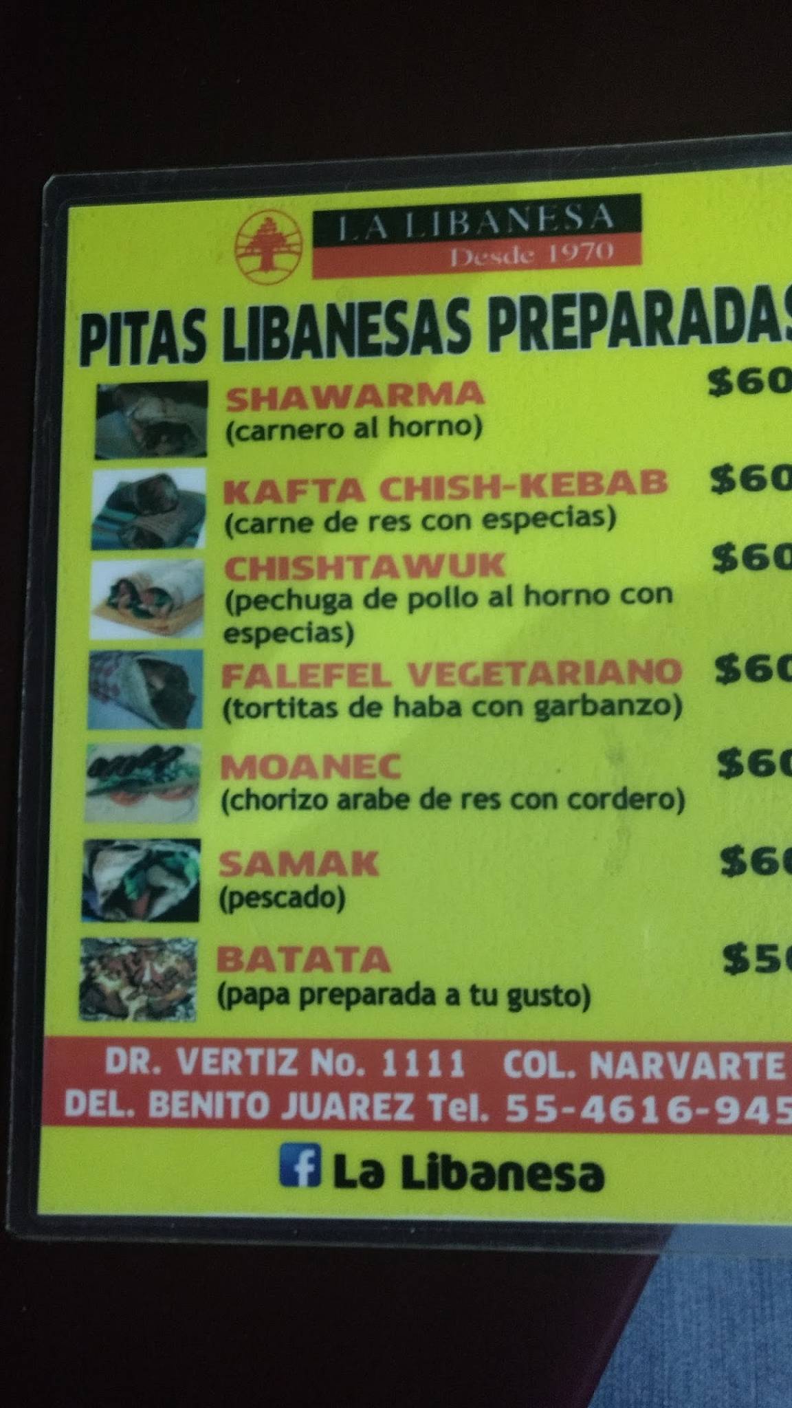 Carta del restaurante La Nueva Libanesa, Ciudad del México, C. Dr. José ...