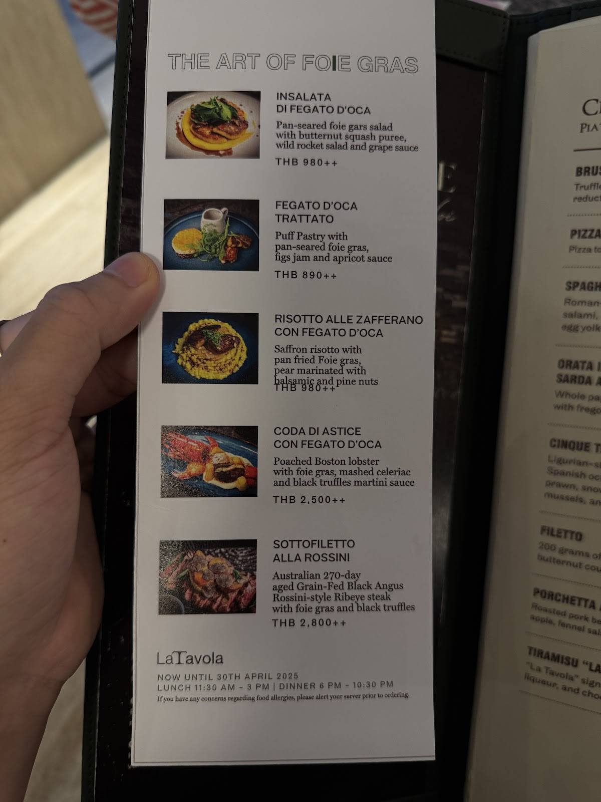 Menu at La Tavola restaurant, Bangkok