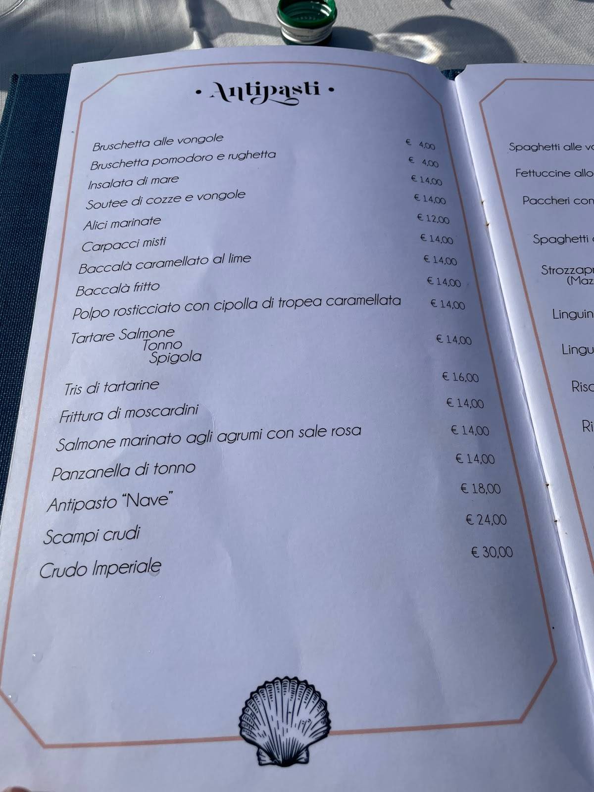 Menu da La nave ristorante, Fregene, Lungomare di Levante