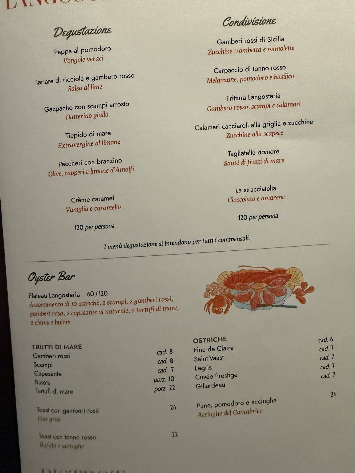 Menu at Langosteria Bistrot restaurant, Milan, Via Privata Bobbio