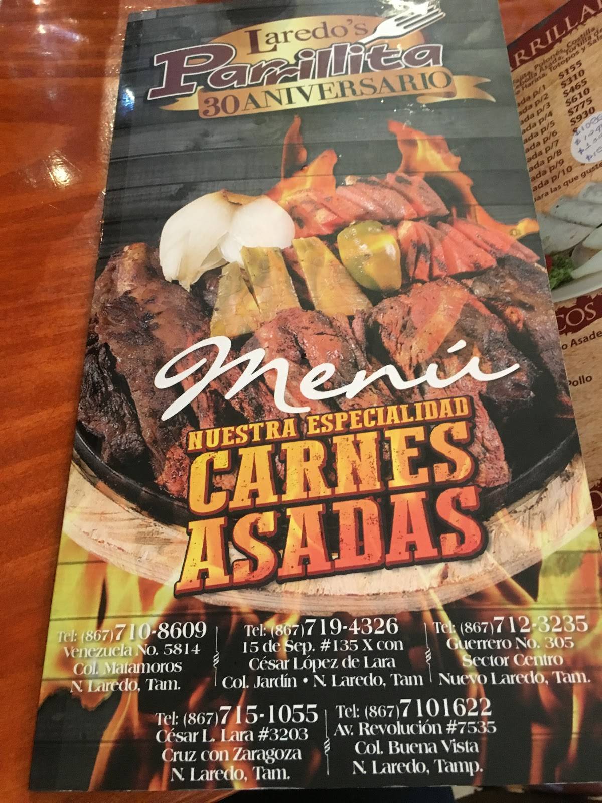 Menu at Laredo´s Parrillita restaurant, Nuevo Laredo, Av. Vicente ...