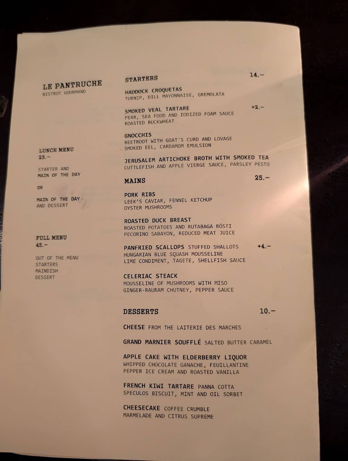 Menu at Le Pantruche restaurant, Paris, 3 Rue Victor Massé