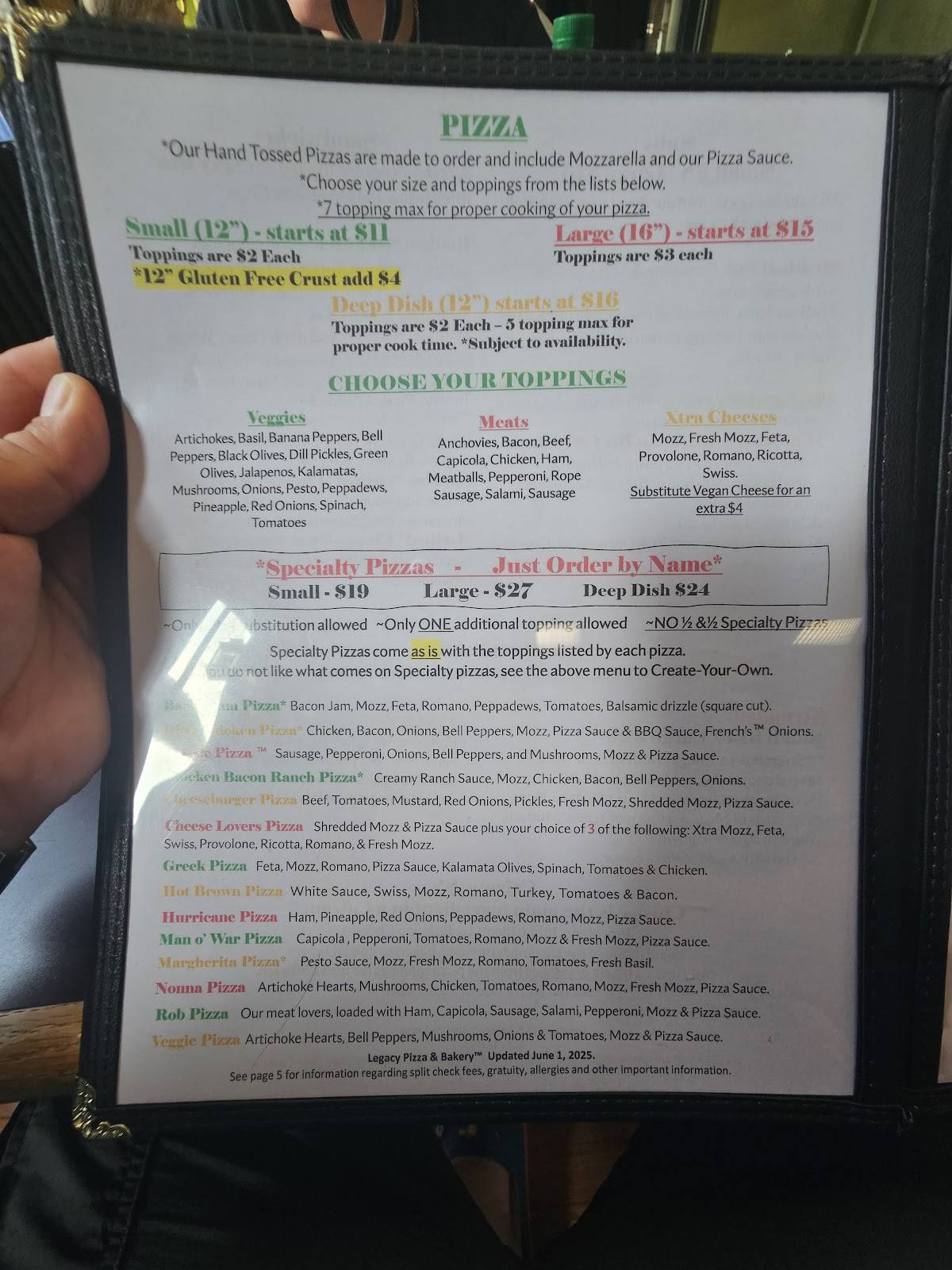Menu at Legacy Pizza & Bakery, New Albany