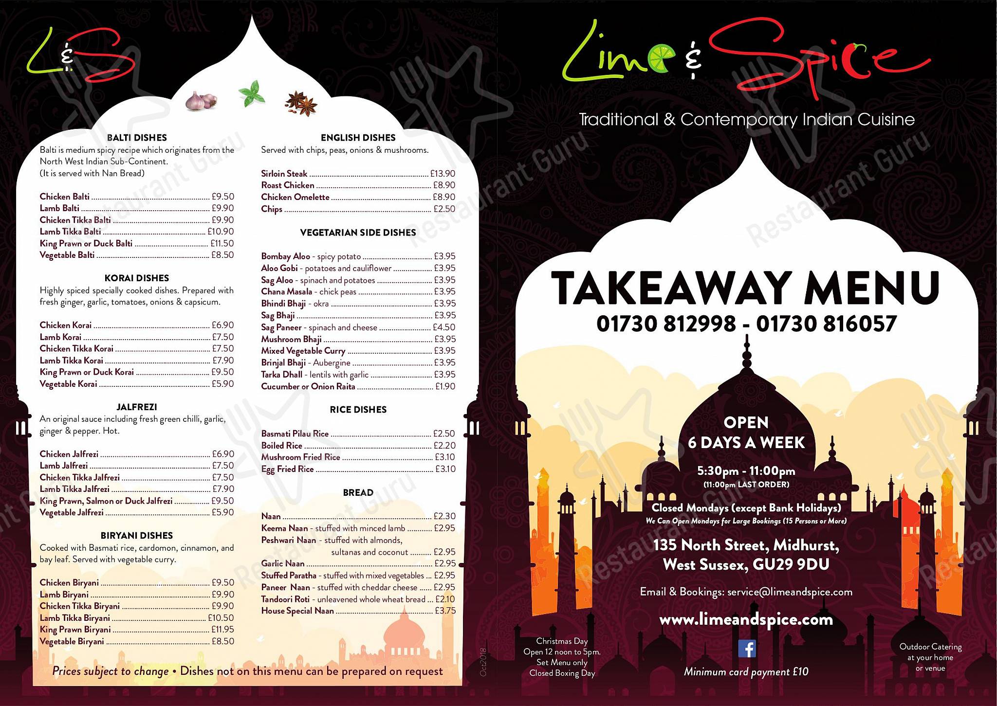 Menu at Lime & Spice restaurant, Midhurst