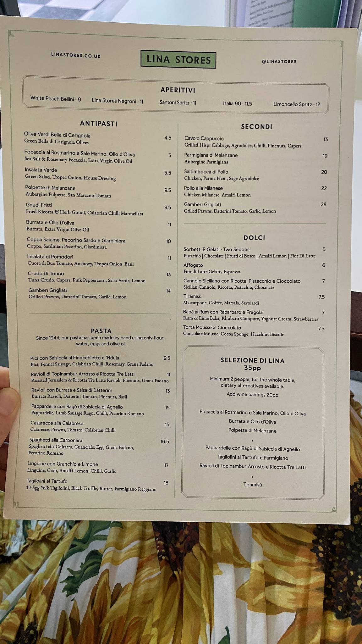 Menu at Lina Stores restaurant, London