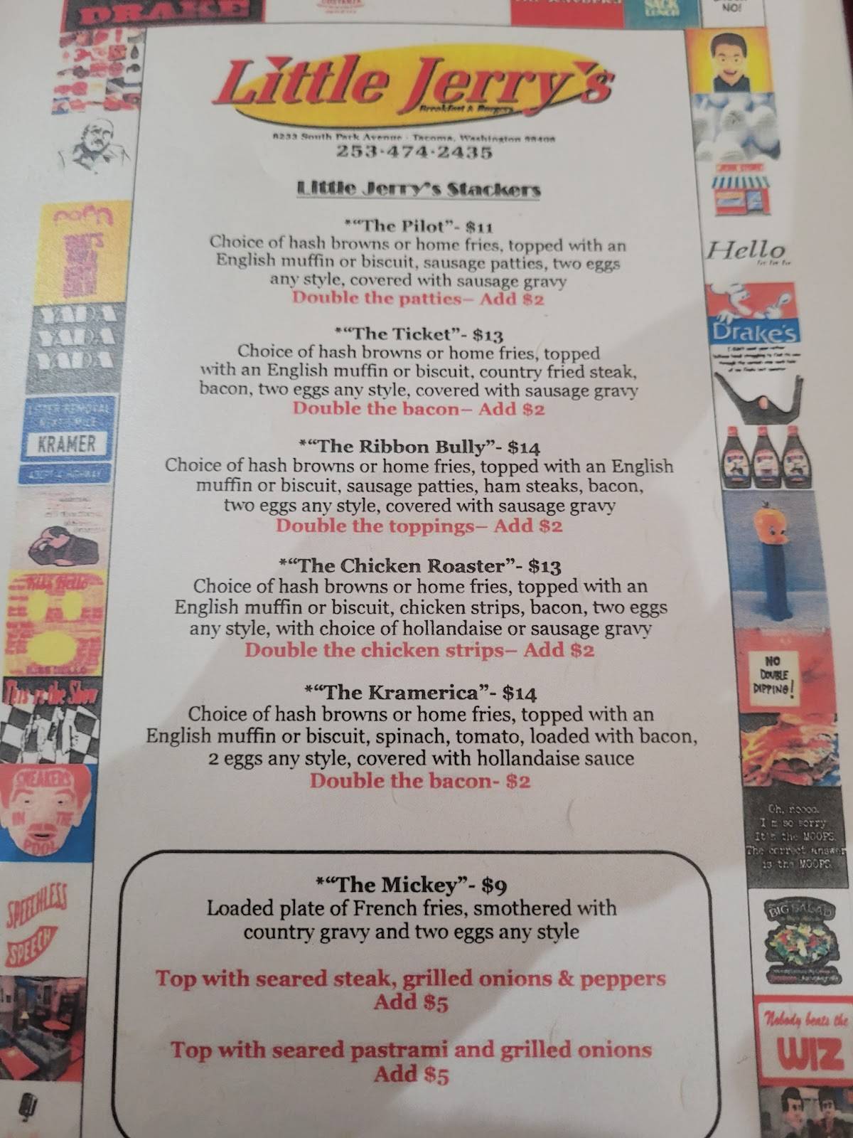 Menu at Little Jerry's restaurant, Tacoma, Park Ave. S