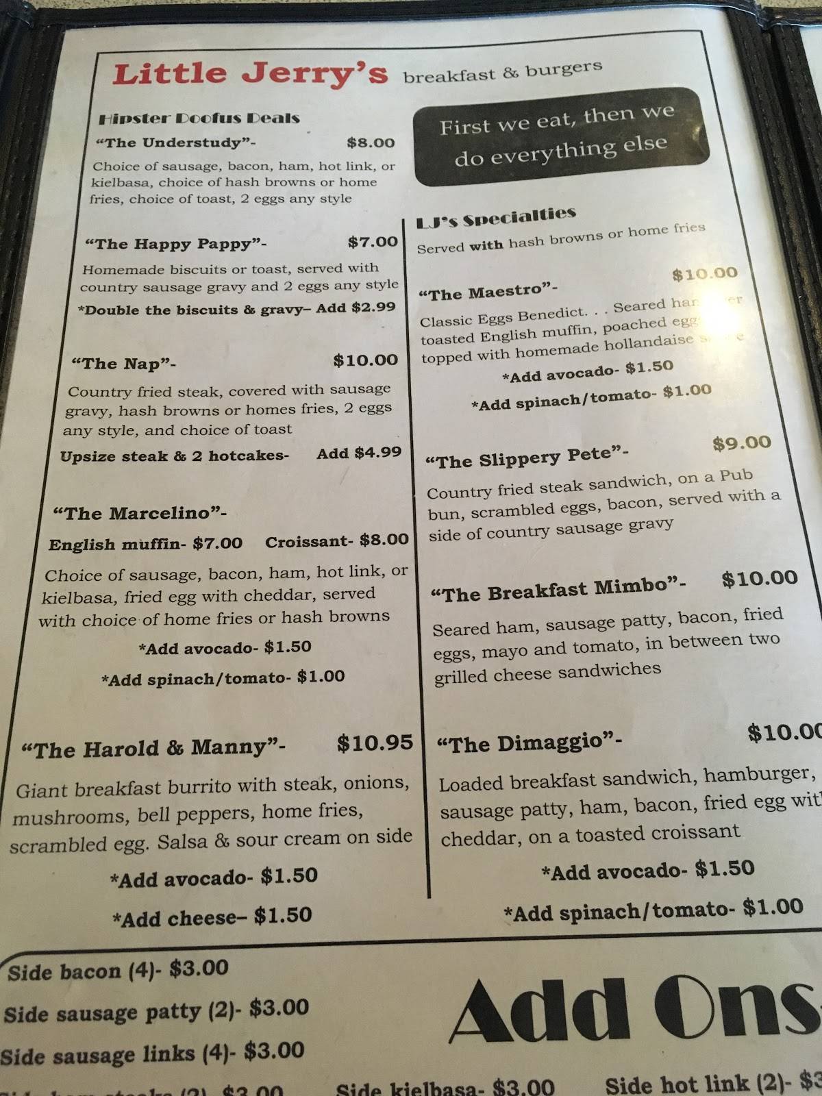 Menu at Little Jerry's restaurant, Tacoma, Park Ave. S