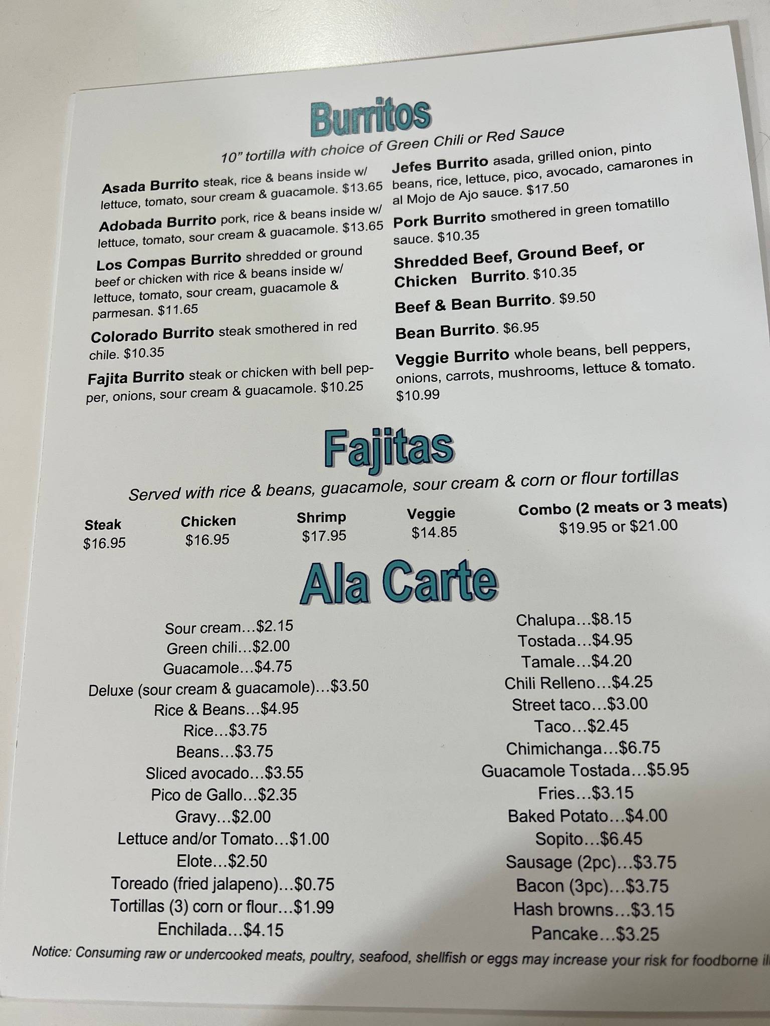 Menu at Los Compas Mexican Restaurant, Cañon City