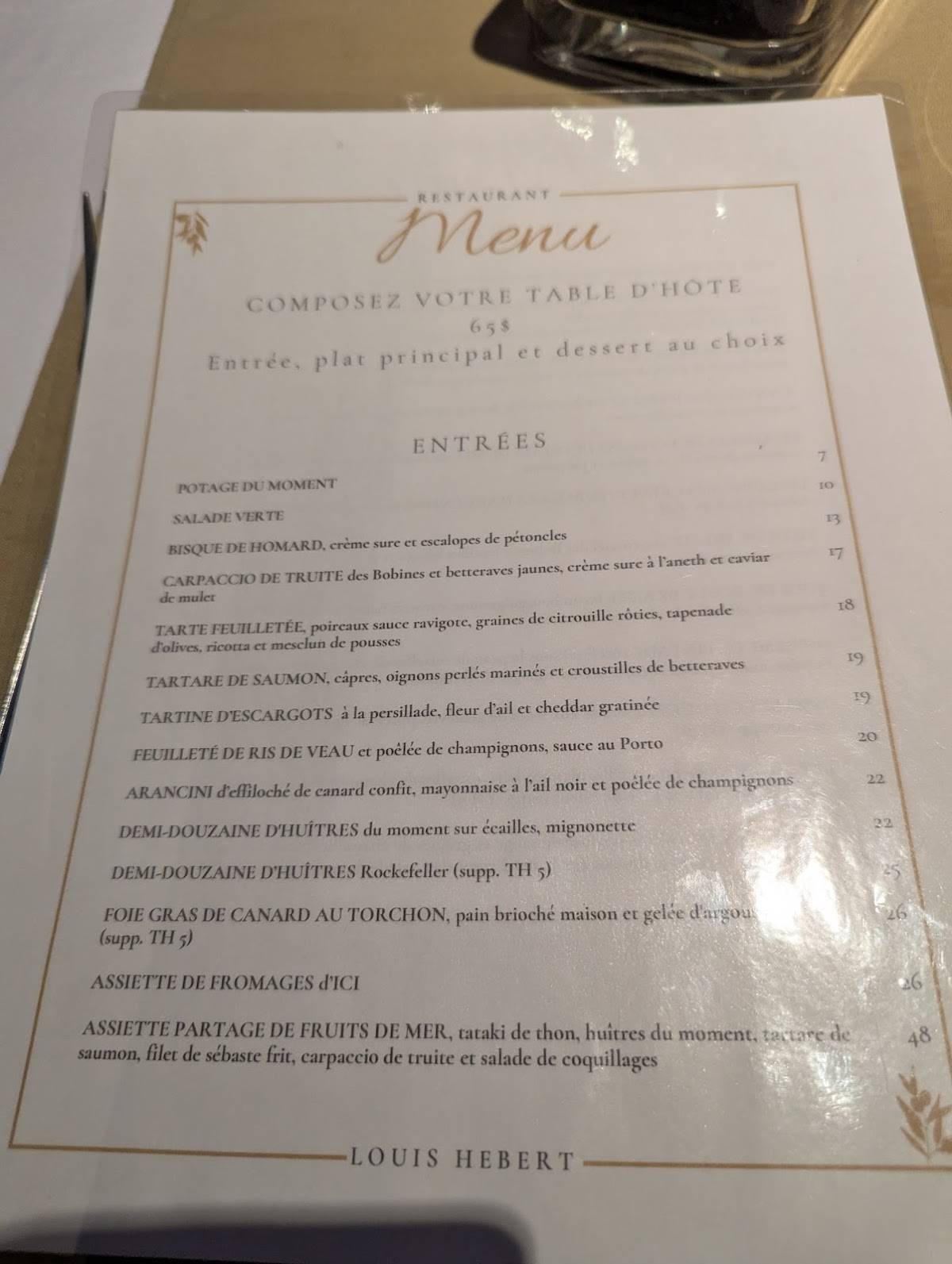 Menu au Restaurant Louis-Hébert, Québec, 668 Grande Allée E