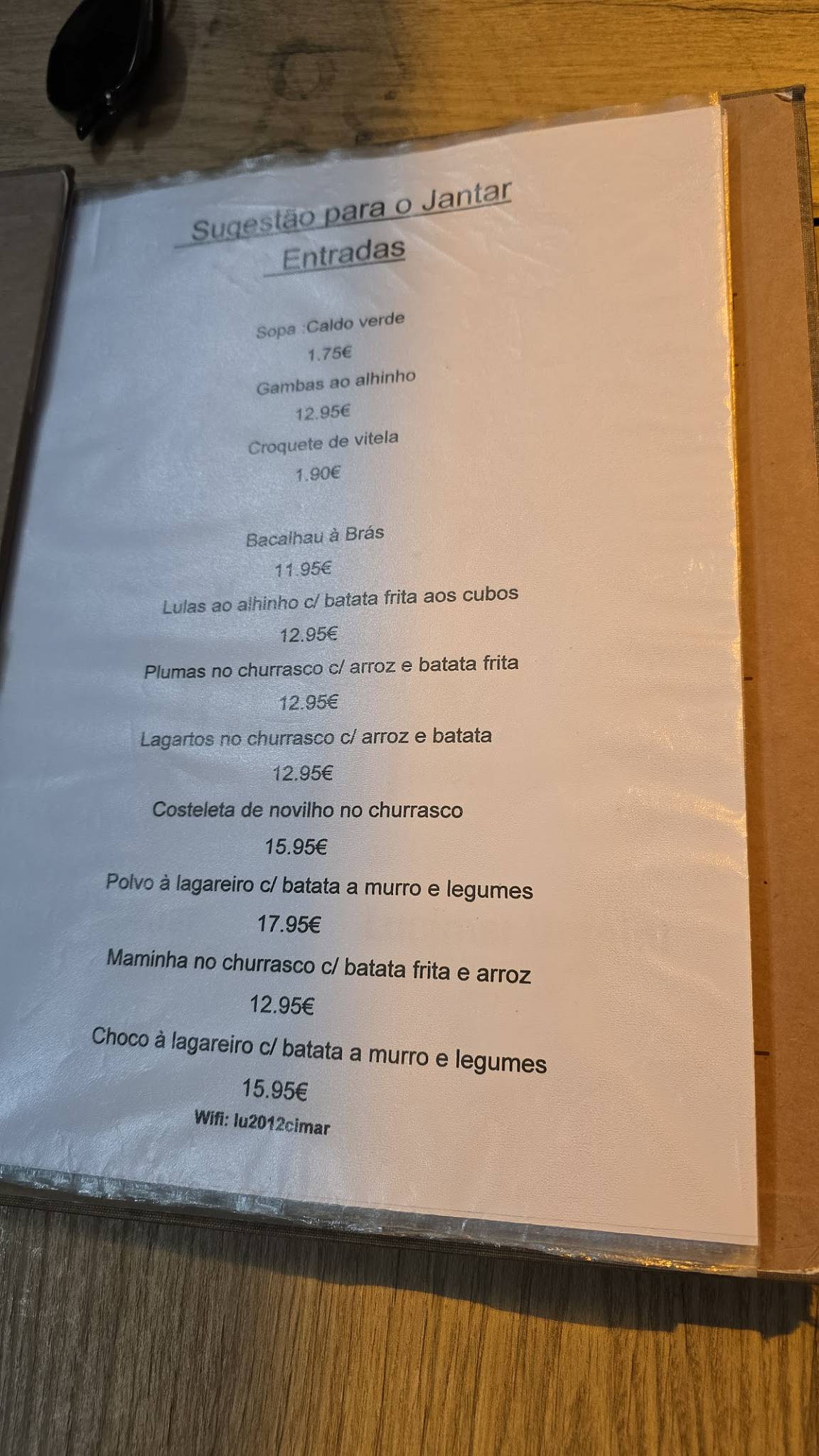 Menu at Lucimar restaurant, Lisbon, R. Francisco Tomás da Costa 28