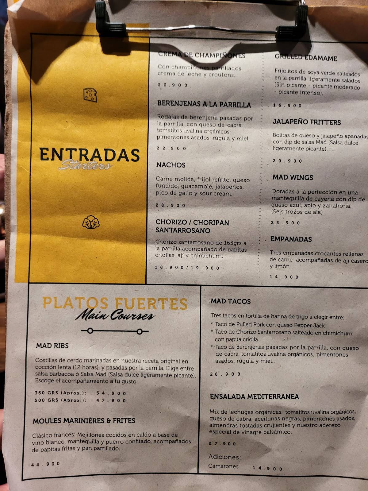 Carta del restaurante Madison Bistro, Bogotá