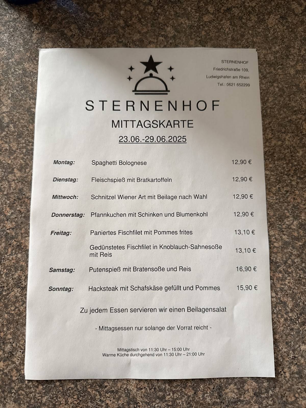 Speisekarte von Restaurant „Sternenhof“ im TC Oppau, Ludwigshafen am Rhein