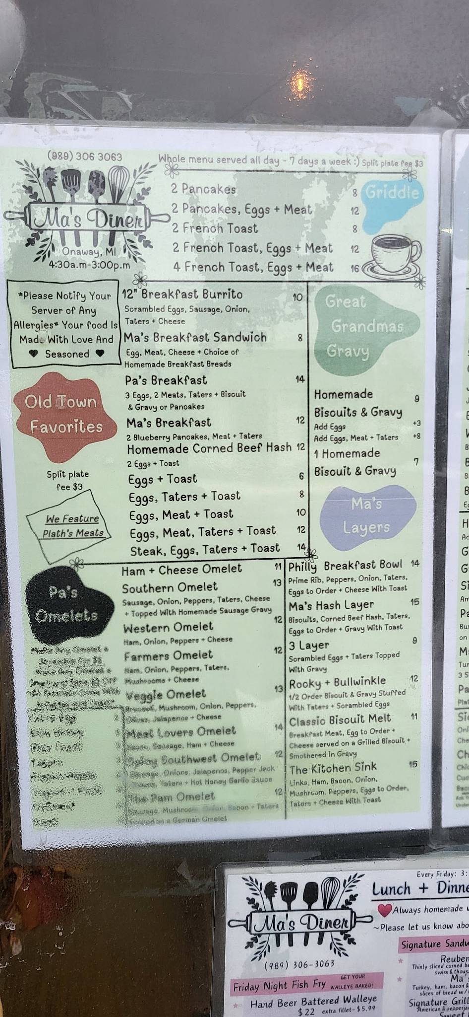 Menu at Ma’s Diner restaurant, Onaway