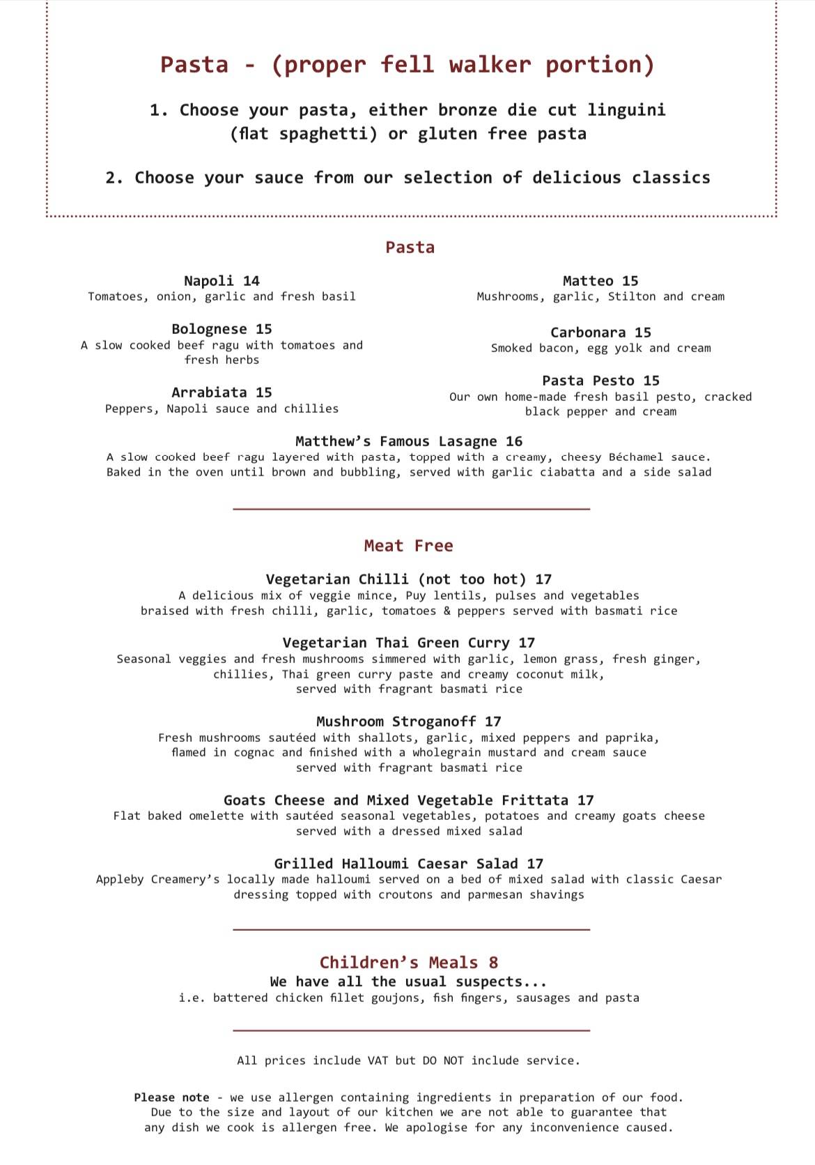 Menu at Matthew's Bistro restaurant, Ambleside
