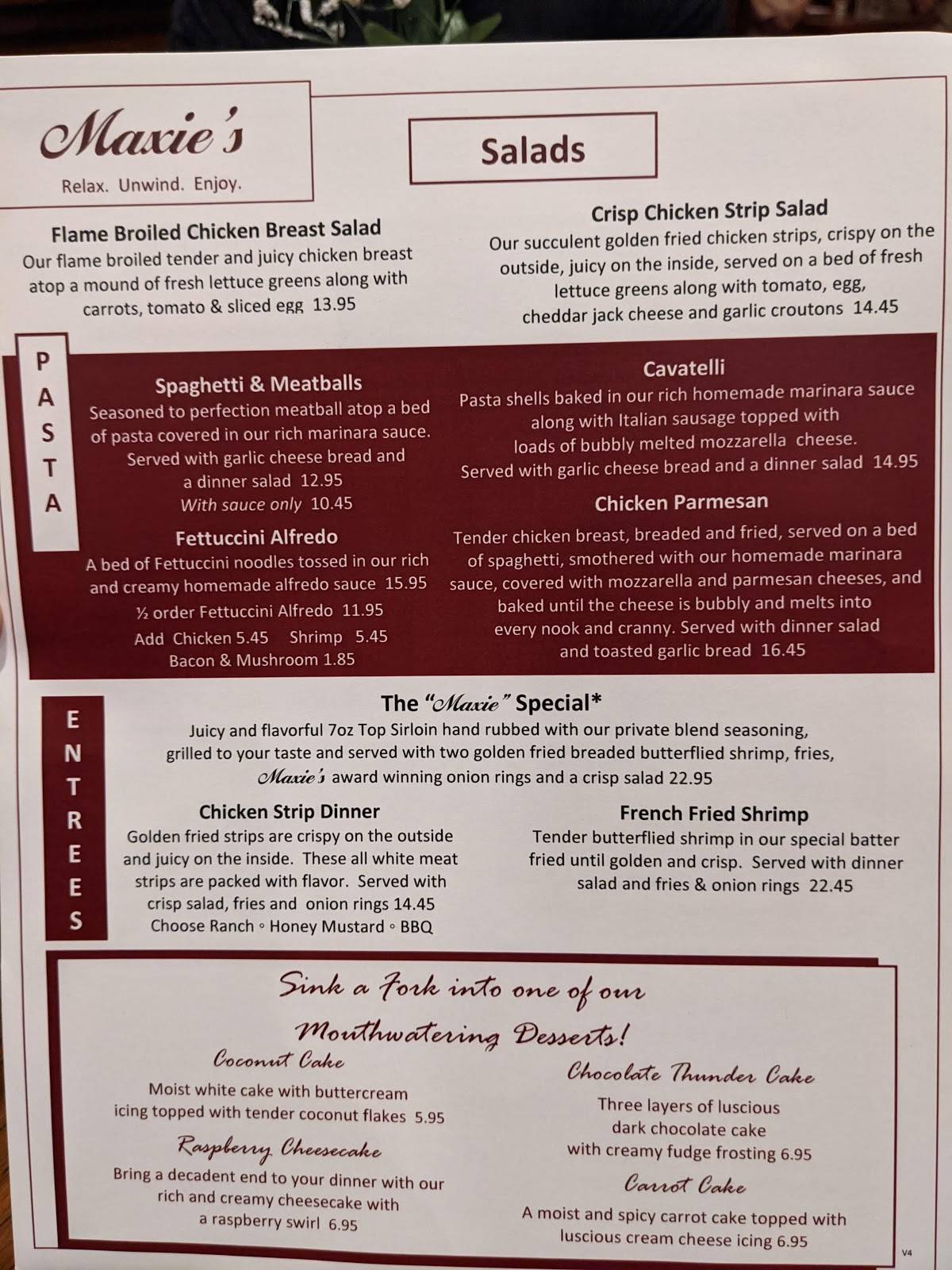 Menu at Maxie's Supper Club, West Des Moines