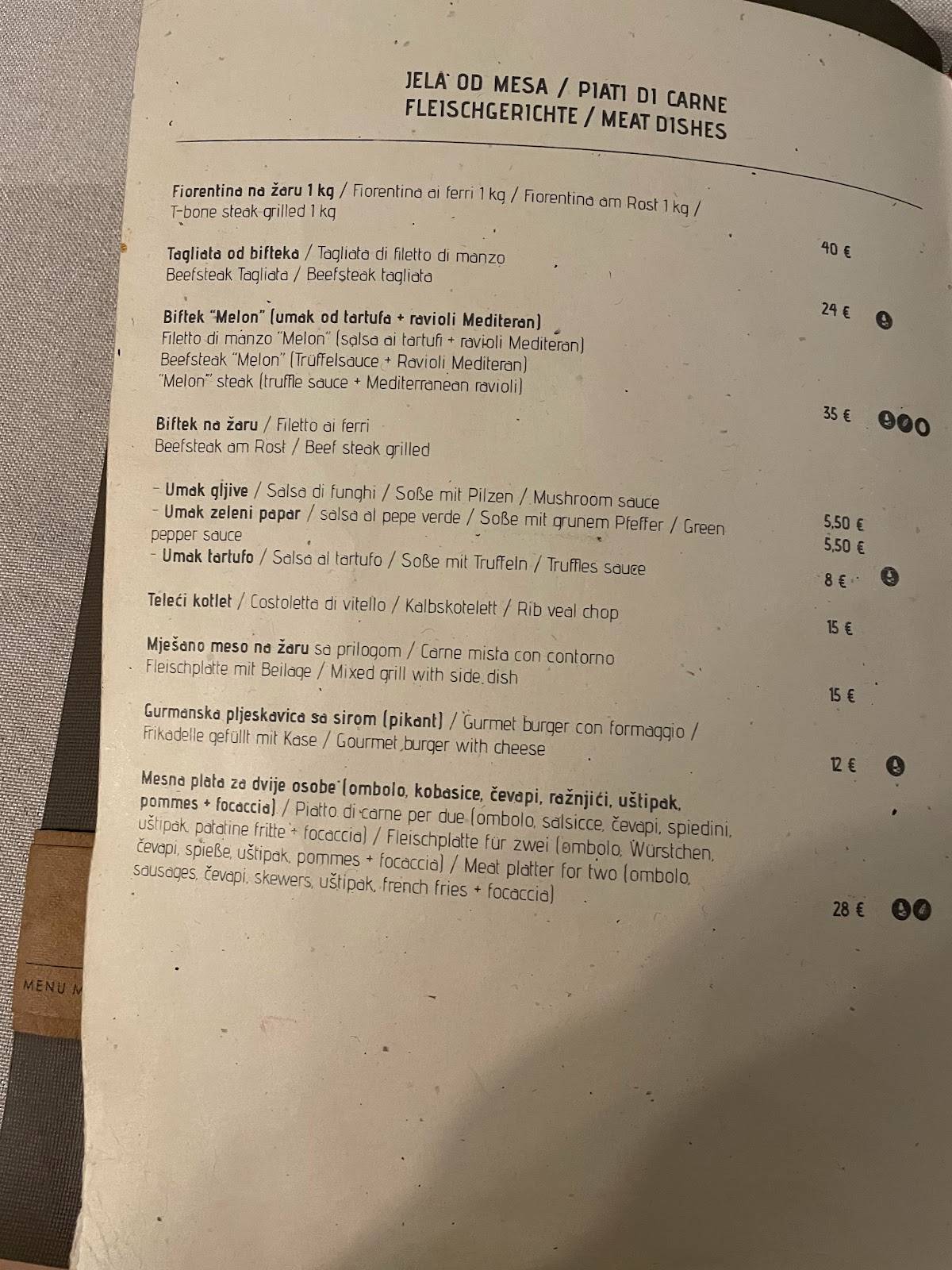Menu at Restaurant Melon, Petrovija
