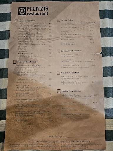 Menu at Militzis Restaurant, Larnaca, Piale Pasa 42