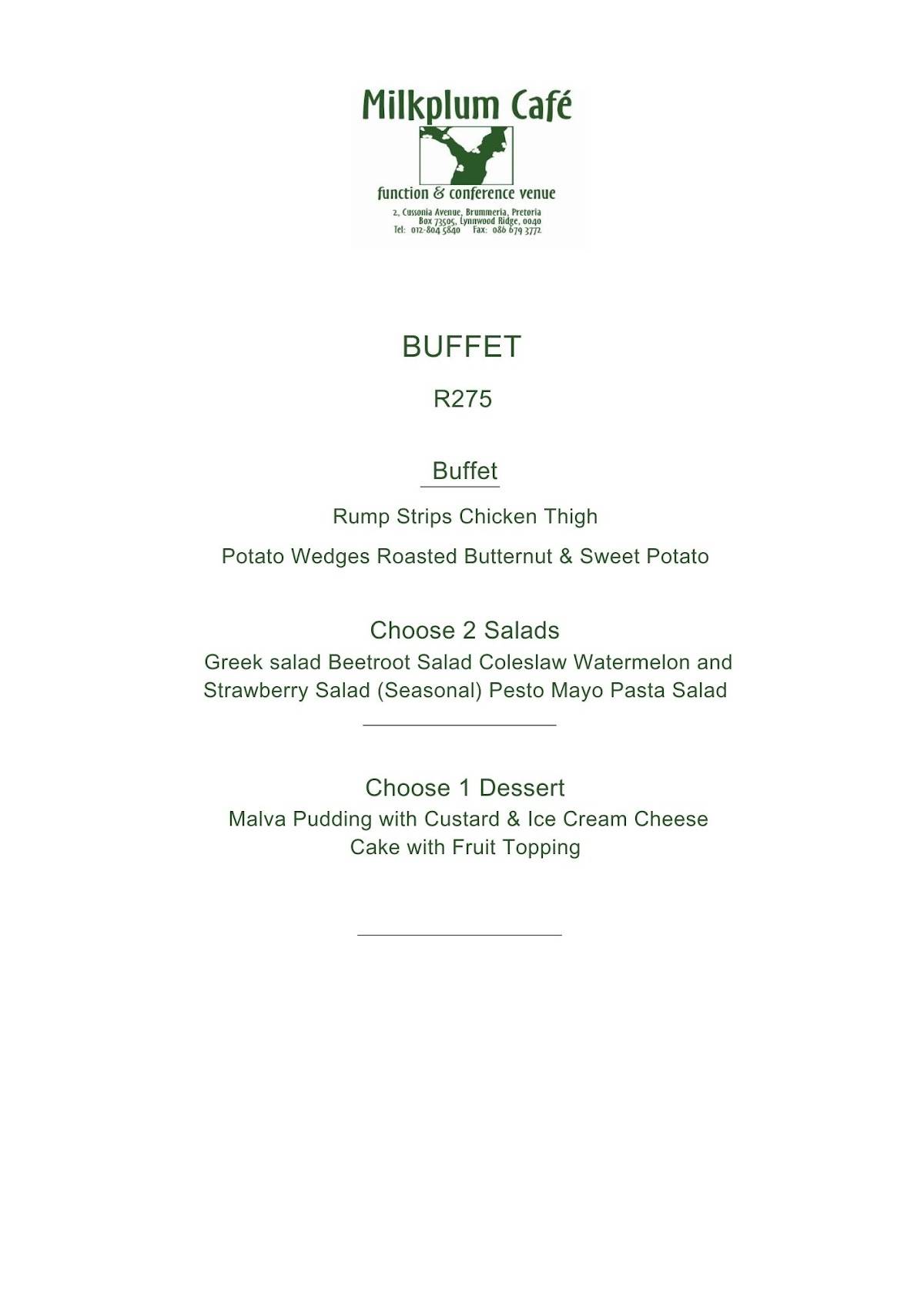 Menu at Milkplum Cafe, Pretoria, 2 Cussonia Ave