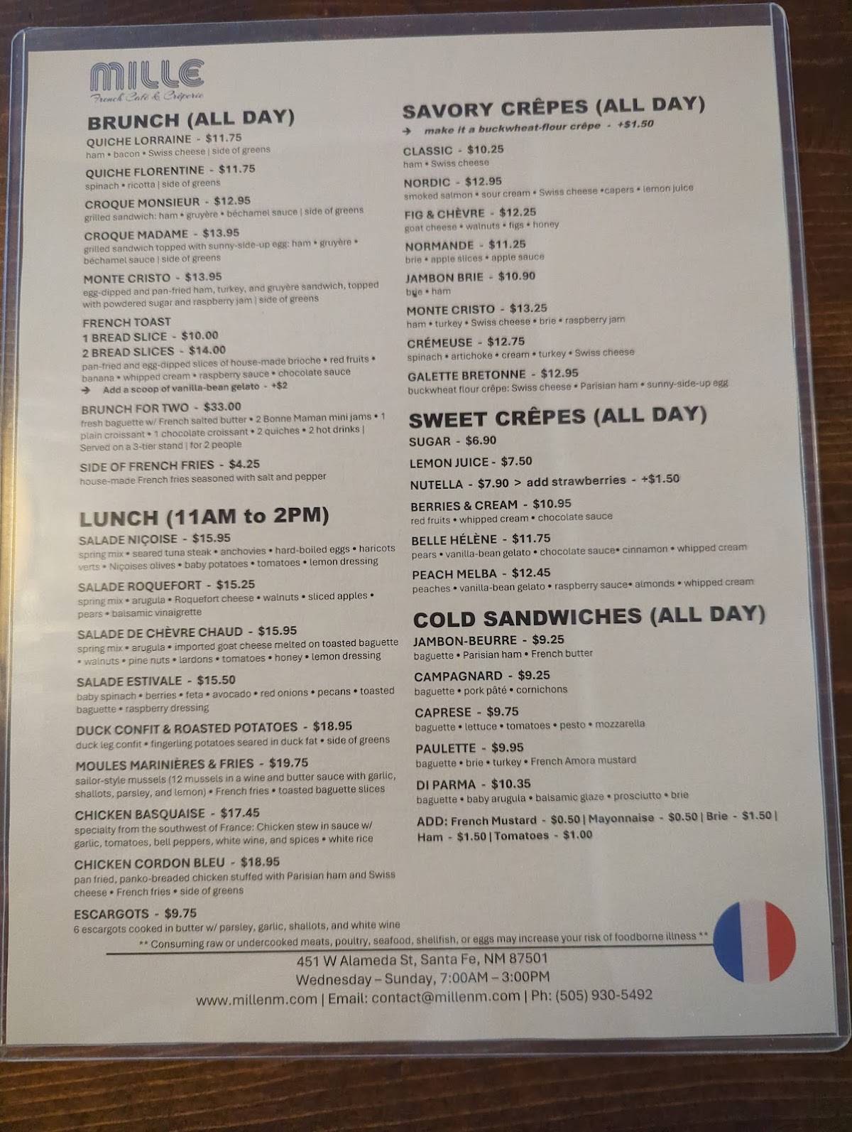Menu at Mille restaurant, Santa Fe