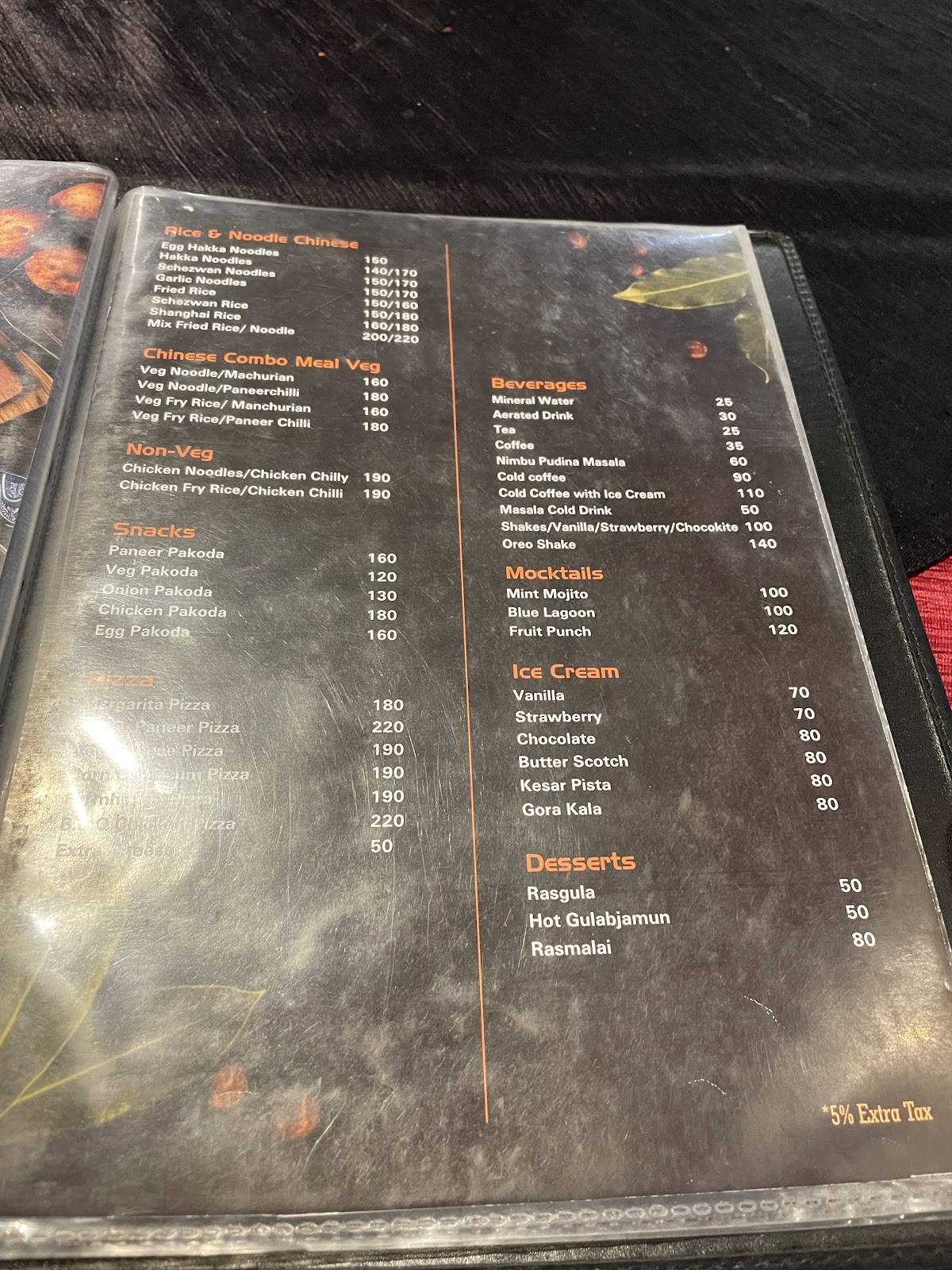 Menu at Monarch, Jorapokhar