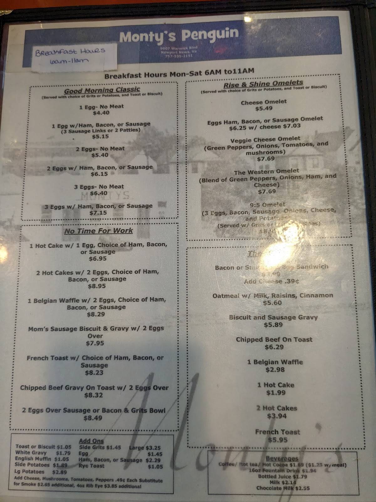 Menu at Monty's Penguin restaurant, Newport News