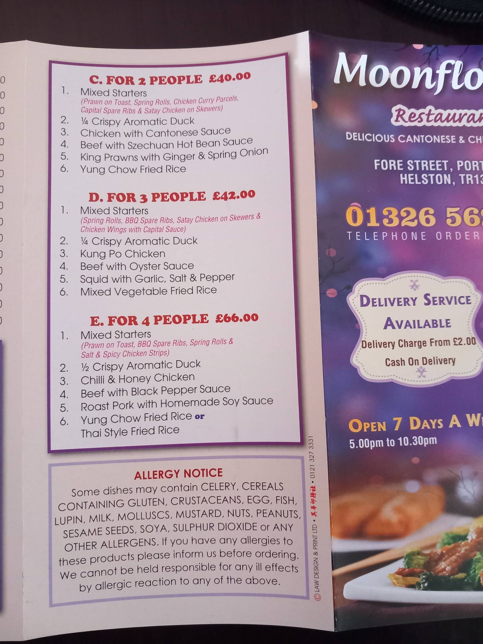 Menu at Moonflower fast food, Helston
