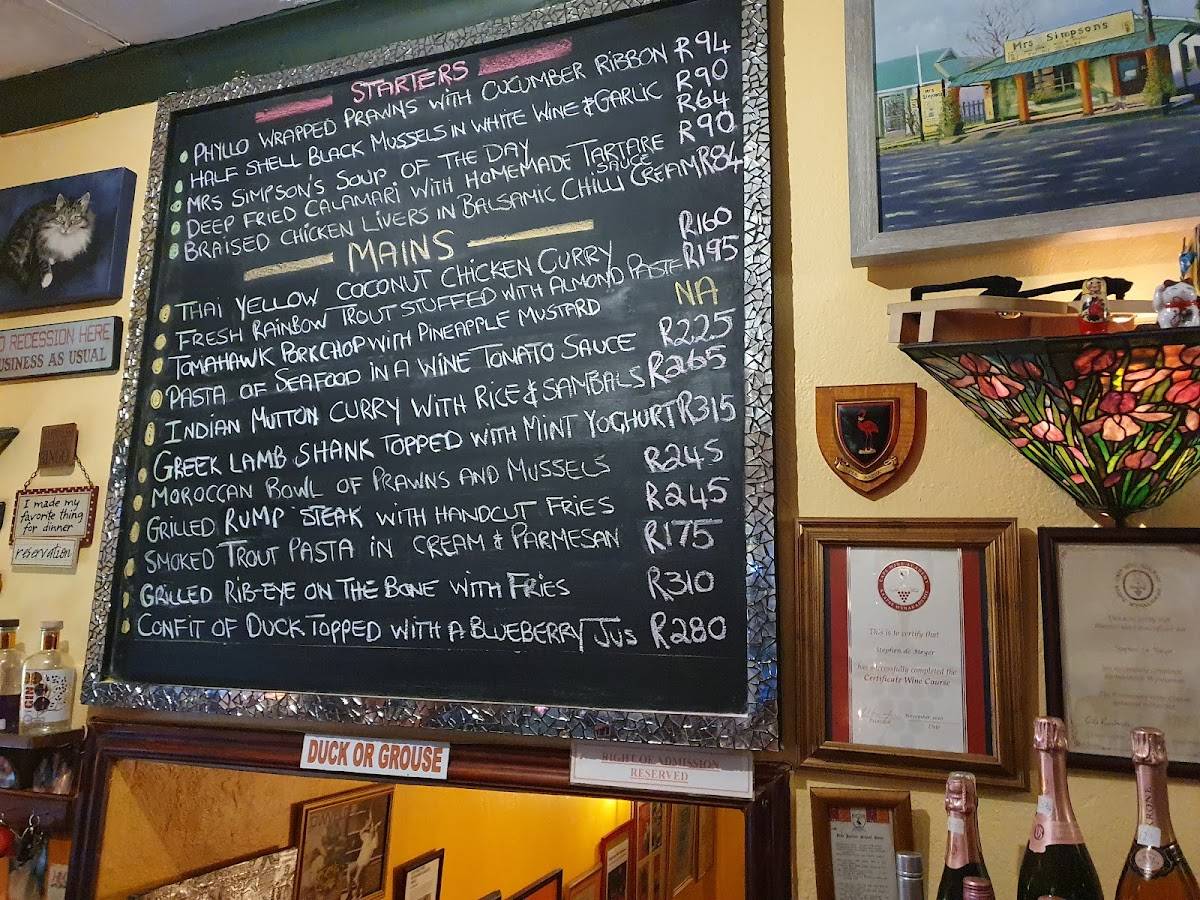 Menu at Mrs Simpsons Restaurant, Dullstroom