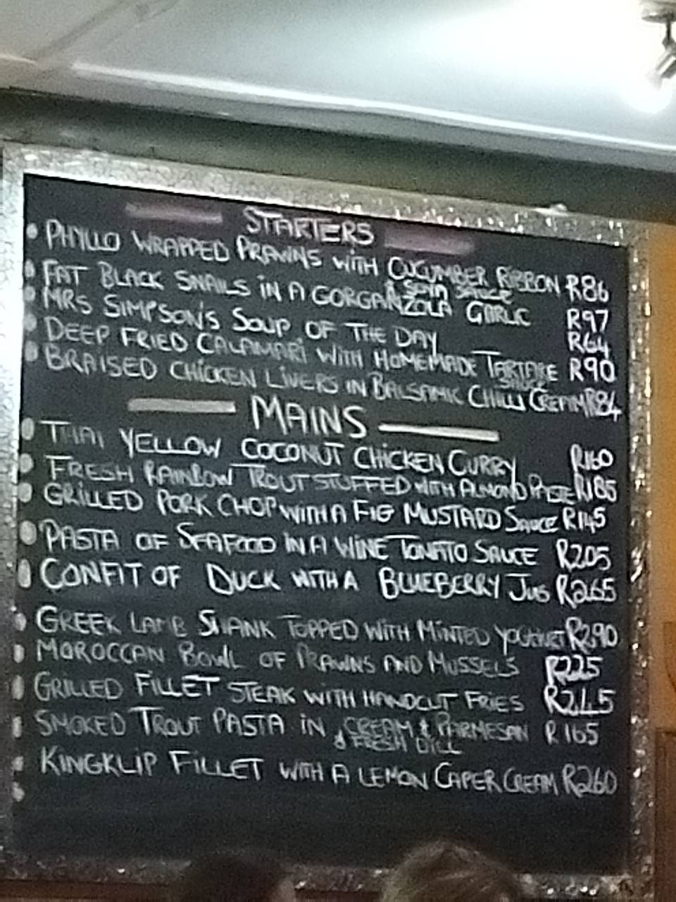 Menu at Mrs Simpsons Restaurant, Dullstroom