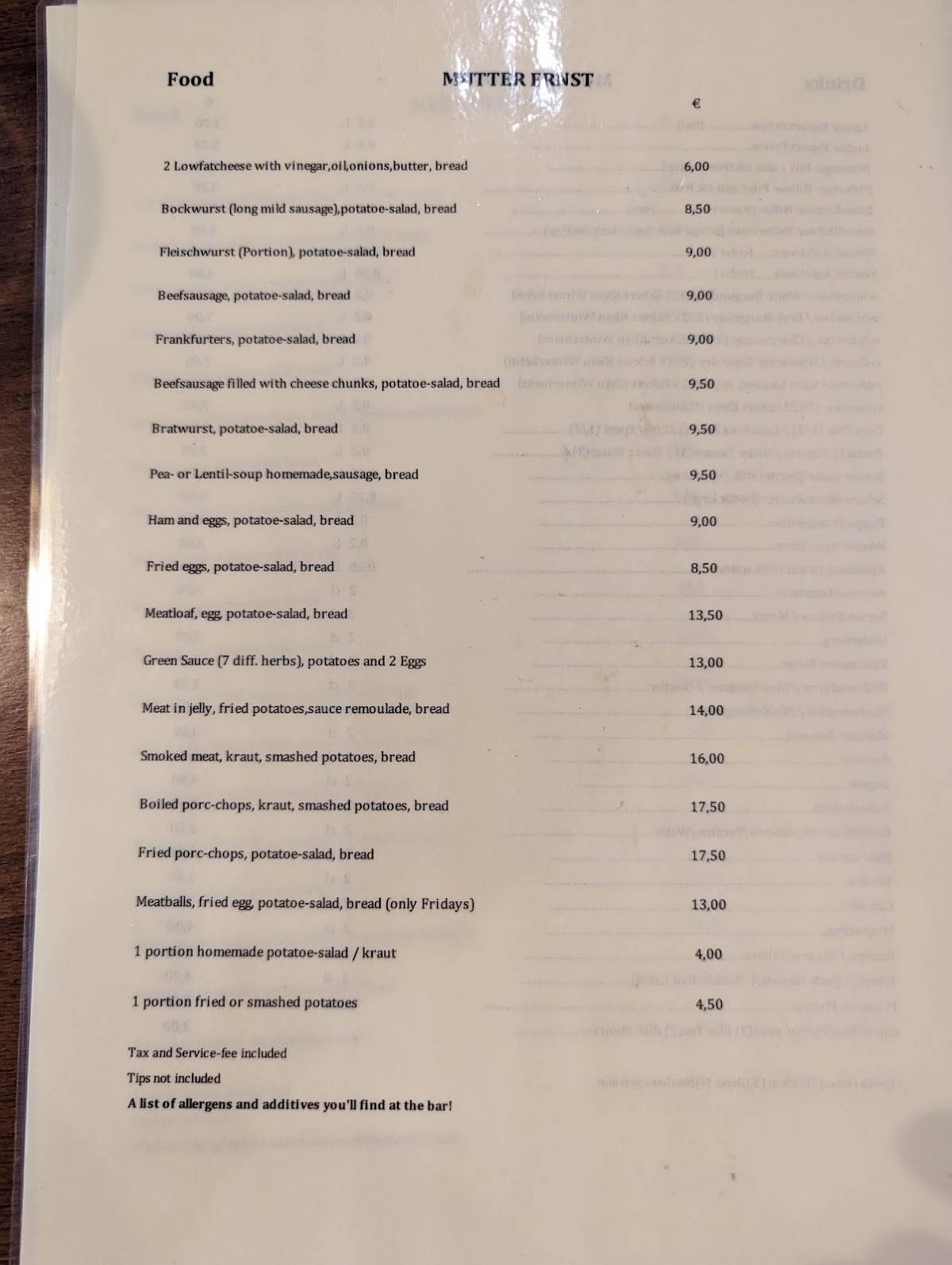 Speisekarte von Gaststätte Mutter Ernst restaurant, Frankfurt am Main