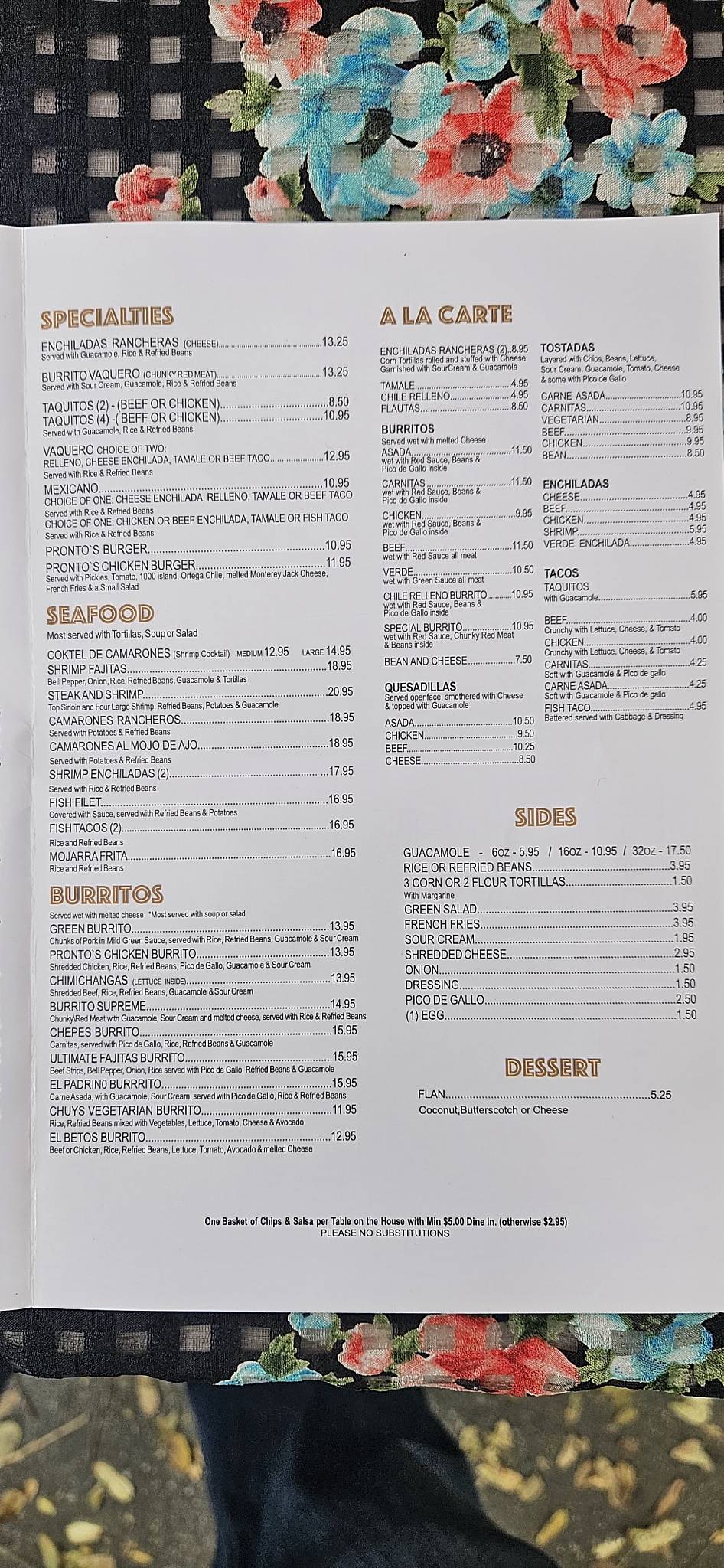 Menu at Muy Pronto's Mexican grill restaurant, Torrance