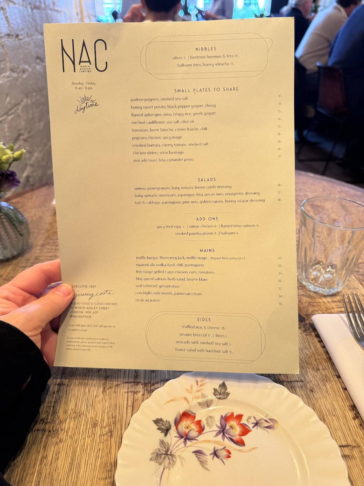 Menu at NAC restaurant, London, 41 N Audley St